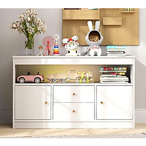 Costzon Toy Storage Organizer, Wooden Kids Bookshelf with 2 Drawers, 2 Cabinets & Open Shelf, Toy Organziers and Storage for Playroom, Bedroom, Nursery (White)