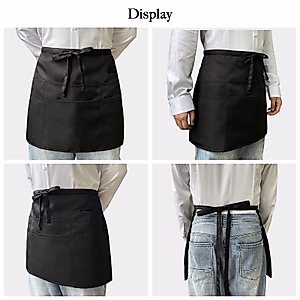 AEKTBY 6 Pockets Black Server Aprons (2 Pack), Half Waist Apron for Unisex Waitress Waiter, Barber, Cleaner