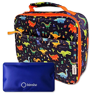 Dinosaur Lunch Box with for Boys with Ice Pack, Insulated Bag for Toddlers Kids Girls Baby Boy Daycare Pre-School Kindergarten, Container Boxes for Small Kid Snacks Lunches, BPA Free, Blue Orange Dino