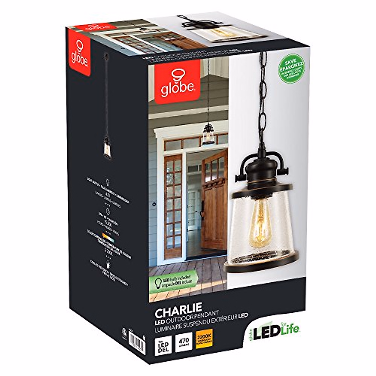 Globe Electric 44231 1-Light Outdoor Pendant, Bronze, Oil Rubbed Finish, Clear Seeded Glass Shade, Vintage Edison LED Bulb Included, E26 Base Socket, Porch Light, Ceiling Hanging Light Fixture