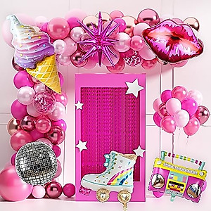 Pink Balloon Garland Arch Kit Hot Pink Rose Gold Metallic Balloons Silver Disco Roller Skate Radio Ice Cream Balloon for Girl's Birthday Party Decorations Pink Princess Doll Theme Party Supplies