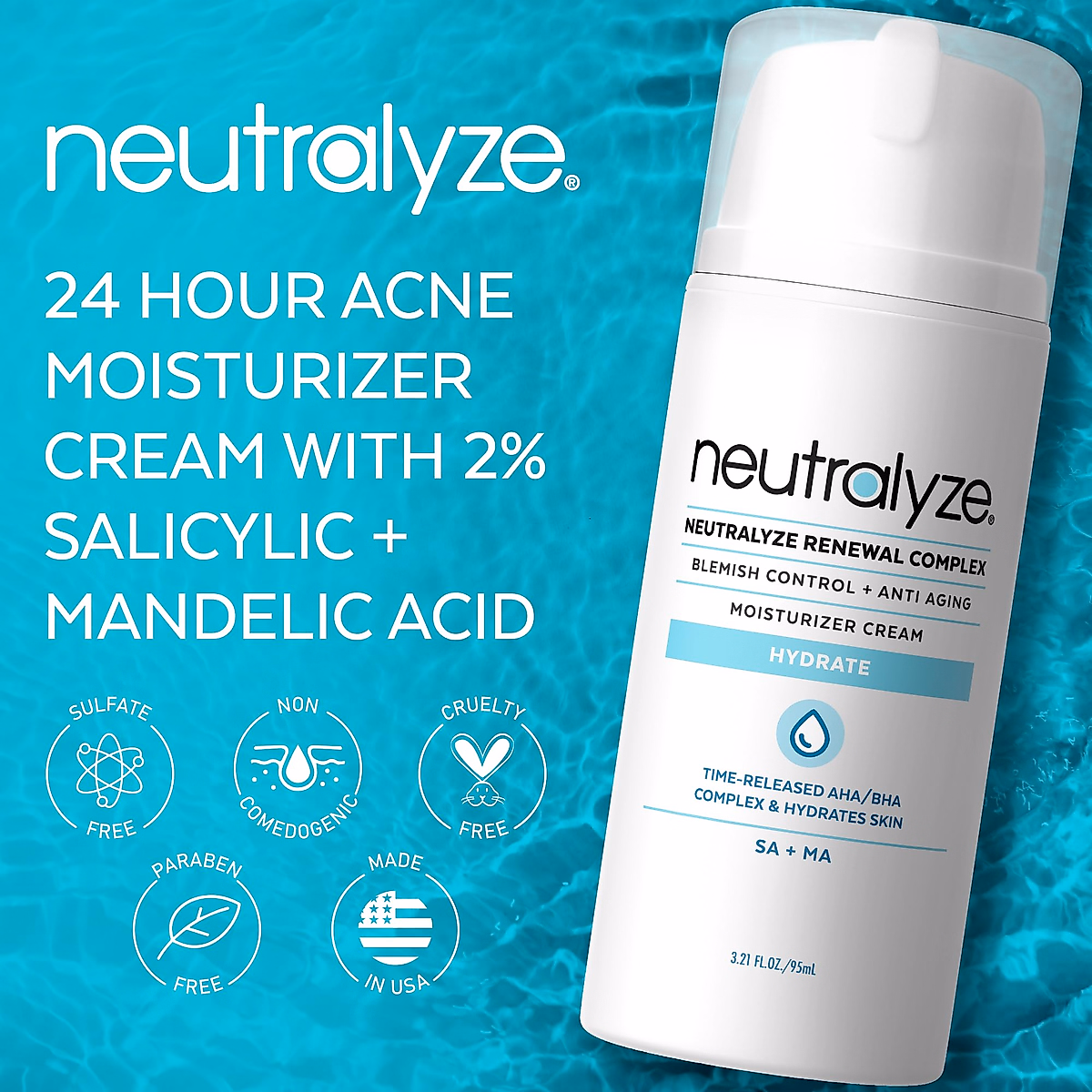 Neutralyze Maximum Strength Acne Moisturizer for Face & Body - Time Released, Medical Grade 2% Mandelic Acid & Salicylic Acid Cream - Renewal Complex Facial Moisturizer for Acne Prone Skin (90+ Day)