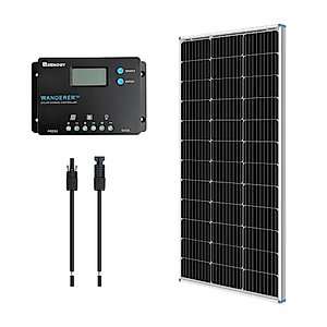 Renogy 100 Watt 12 Volt Solar Panel Bundle Kit with 100W Monocrystalline Solar Panel + 10A PWM Charge Controller + Adaptor Kit for RV Boats Trailer Off-Grid System