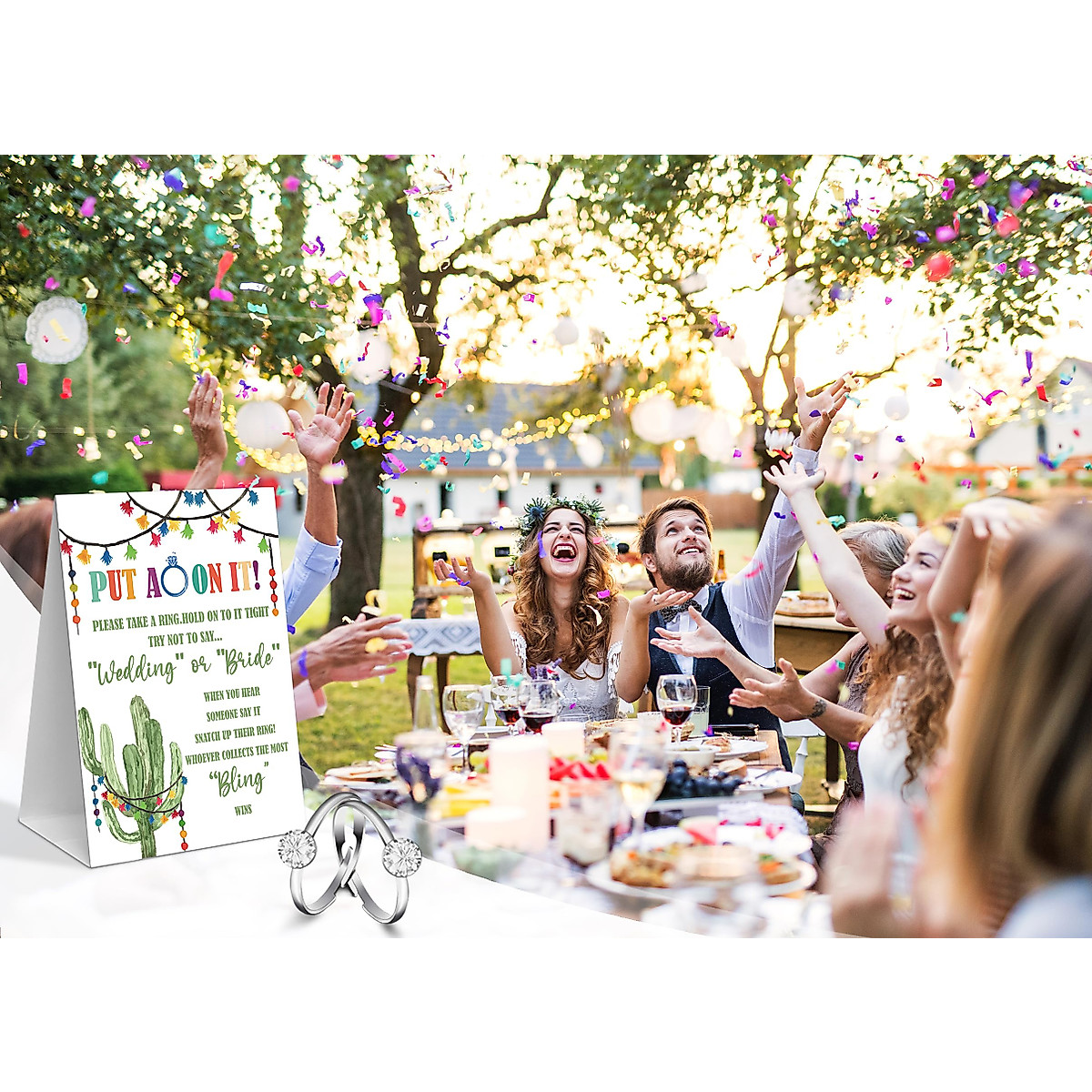 Fiesta Bridal Shower Theme Decorations,Put A Ring On It Game,Don't Say Bride Games,Bridal Shower Games,Wedding Shower,Engagement Party Games(1 Sign And 50 Plastic Diamond Rings)-6