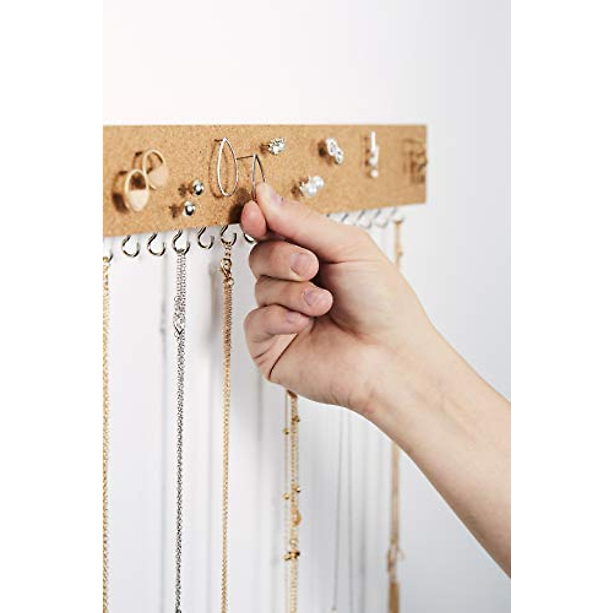 Stud Earring Organizer Hanging Holder with Cork Board - Wall Mount Jewelry Organizers - Necklace Display Rack - Mounted Cork Jewelry Display - Storage Hanger for Necklaces and Stud Earrings