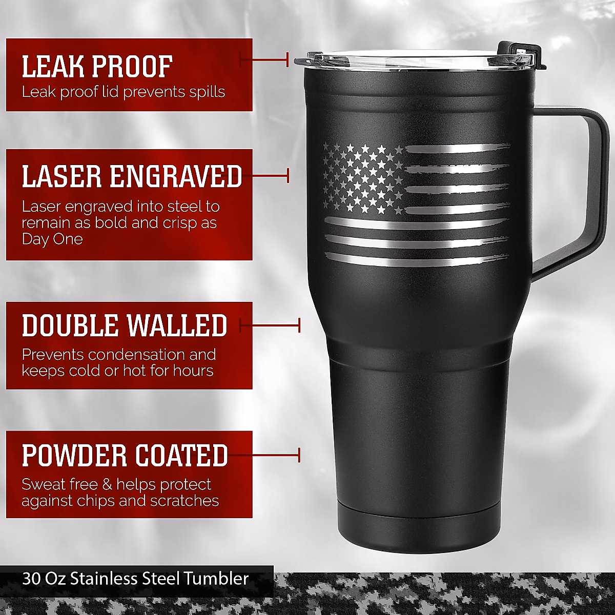 Military Veteran Products American Flag 30oz Stainless Steel Tumbler with Handle - Double Wall Vacuum Insulated Coffee Mug for Cold and Hot Drinks - Flag 30oz Handle Tumbler