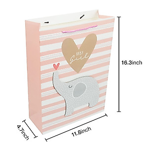 LDGOOAEL 16" Large Gift Bag with Tissue Paper for Baby Shower - 2 Pack (Baby Girl, Pink Elephant)