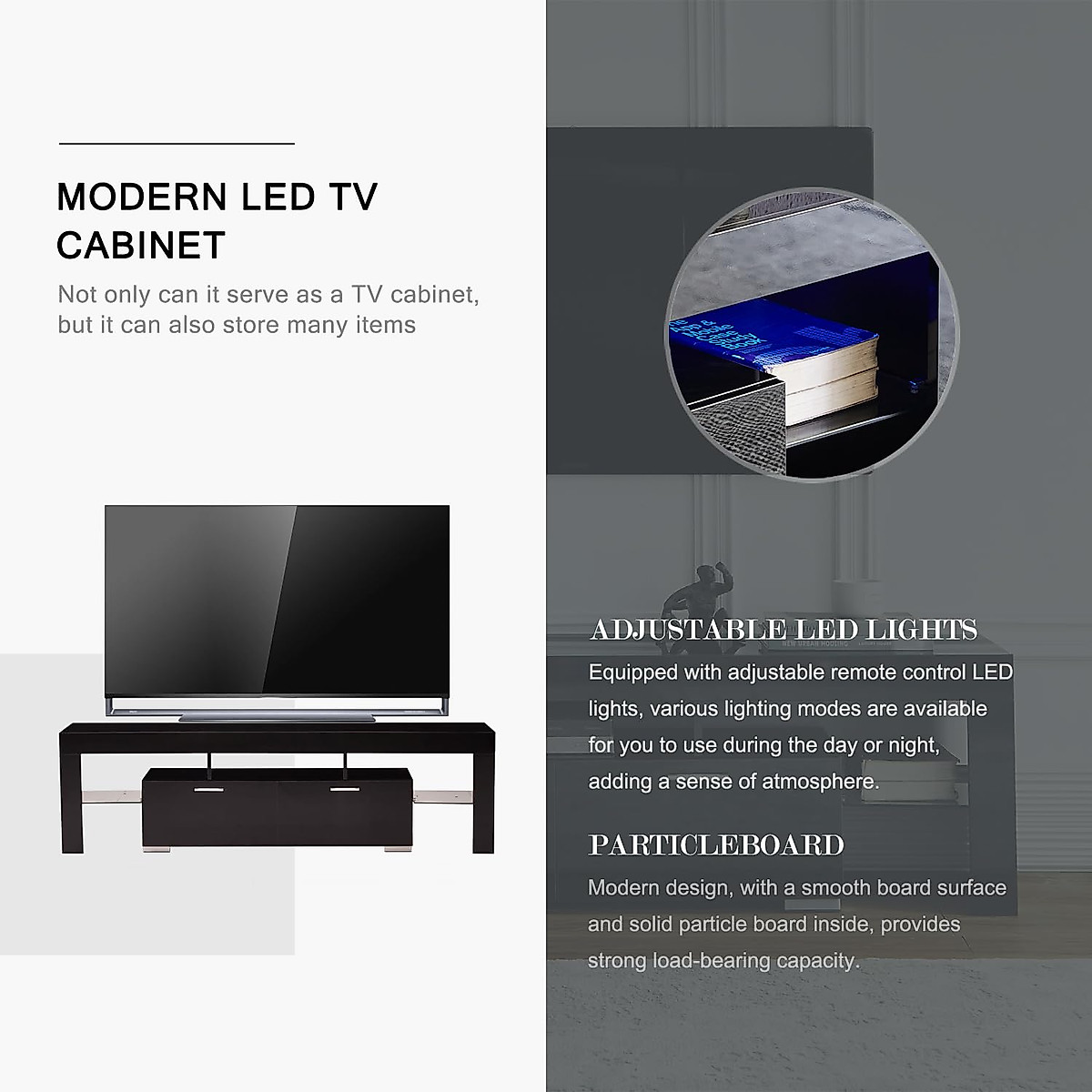 Ugijei Black LED TV Stand for 75 Inch TV, Modern Media Console with Storage, High Gloss TV Table for Bedroom, Living Room