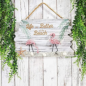 Juvale Flamingo and Life is Better at The Beach Hanging Wall Decoration (14 x 9 Inches)