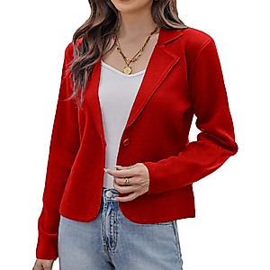 Women Knit Blazer Jackets Work Casual Long Sleeve Button Dressy Cardigan Cropped Sweater Blazer Red S