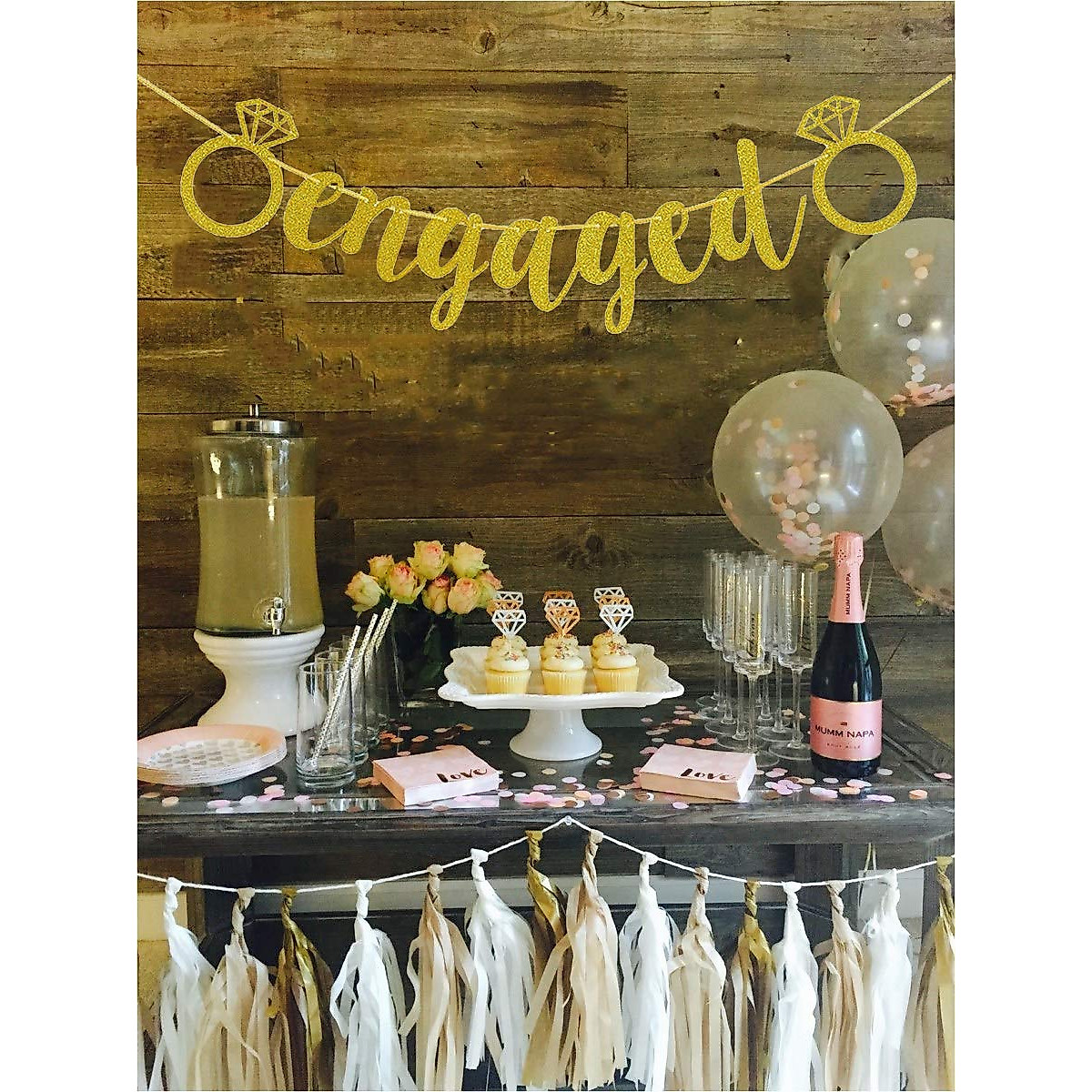 Engagement Party Decorations|Bridal Shower Supplies| Honeycomb Ring Hanging Decorations,Glitter Gold Diamond Ring（(3pcs),Engaged Banner Gold Glittery Letters and Diamond Ring for Party Decorations