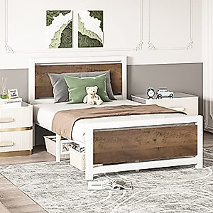 4 EVER WINNER Twin Bed Frames Wood with Headboard, Twin Size Platform Metal Bed Frame, Heavy Duty Steel Slat Twin Metal Bed Frames, No Box Spring Needed, Mattress Foundation, Anti-Slip, Easy Assembly
