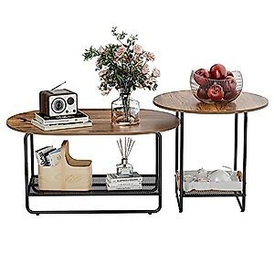 Amada Coffee Table Set, 2-Tier Center Table with Open Shelf and Metal Frame, Modern Round Coffee Table for Living Room, Set of 2, AMCT2V