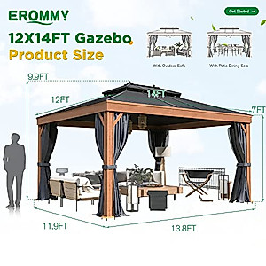 EROMMY 12'x14' Hardtop Gazebo Outdoor Aluminum Wood Grain Gazebos with Galvanized Steel Roof and Mosquito Net for Patios, Deck, Backyard, Curtains & Netting
