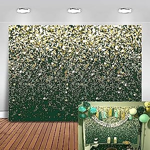 Mocsicka Green and Gold Glitter Backdrop Golden Bokeh Sequin Spots for Wedding Decorations Birthday Party Photo Backdrops Christmas New Year Family Picture Party Photography Background (Green, 7x5ft)