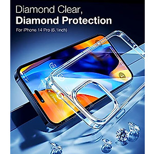 TORRAS Diamond Clear iPhone 14 Pro Case, 10FT Military Grade Drop Tested, Non-Yellowing, Shockproof Protective Hard Back Slim Thin Clear Case for iPhone 14 Pro Phone Case, 6.1 Inch, Clear