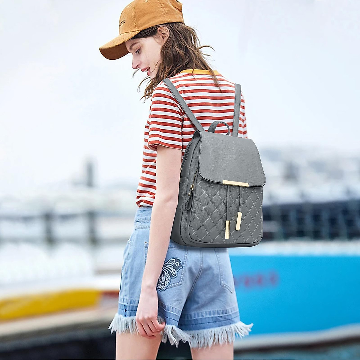 KKXIU Quilted Trendy Leather Backpack Purse for Women and Ladies Shoulder Travel Daypacks Bags (Grey)