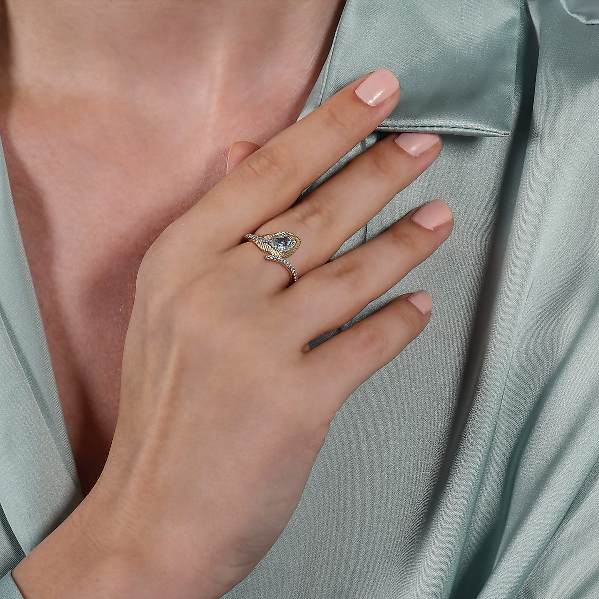 Jewelili Enchanted Disney Fine Jewelry 10K Yellow Gold 1/6 Cttw Diamond and Swiss Blue Topaz Jasmine Peacock Feather Ring Size 8