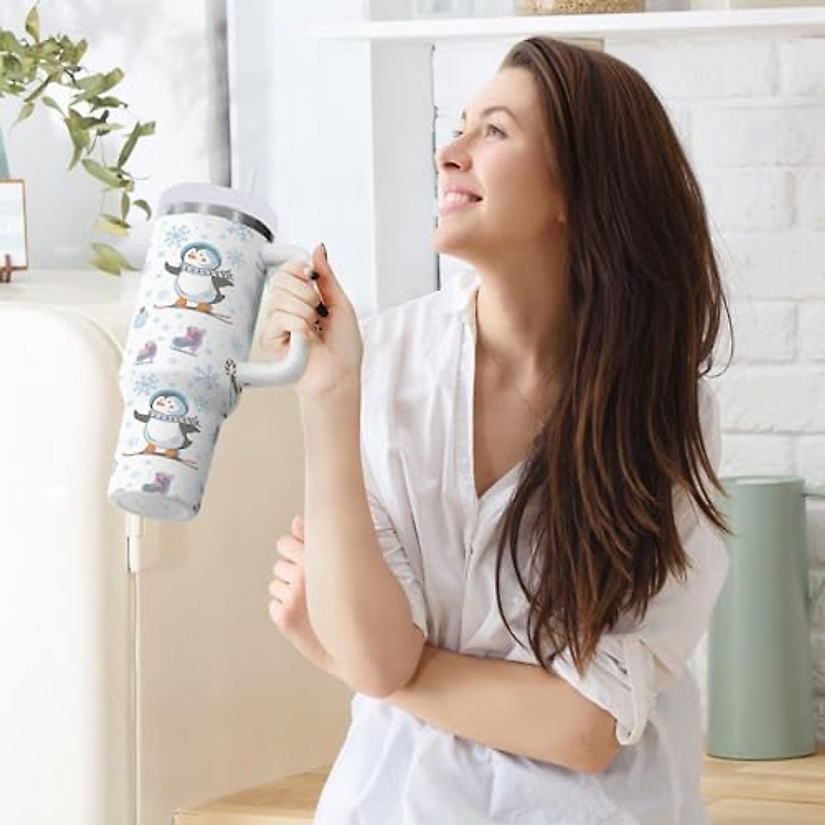 RPLIFE Cute Penguins White Travel Coffee Tumbler, Stainless Steel Cup, Water Cup with Straw and Lid