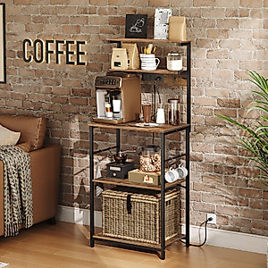 HOOBRO Bakers Rack with Power Outlet, 5-Tiers Microwave Stand with Storage, Kitchen Rack Storage Shelf with 4 S-Shaped Hooks, Coffee Bar, for Kitchen, Living Room, Rustic Brown and Black BF12UHB01