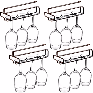Lyellfe Set of 4 Wine Glass Rack, Under Cabinet Stemware Rack, Carbon Steel Wine Glass Holder Hanger for Shelf, Cabinet, Bar, No Drilling, Brown