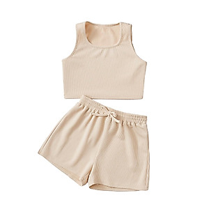 Verdusa Girl's 2 Piece Tracksuit Sets Workout Crop Tank Top and Short Sets Beige 11-12Y