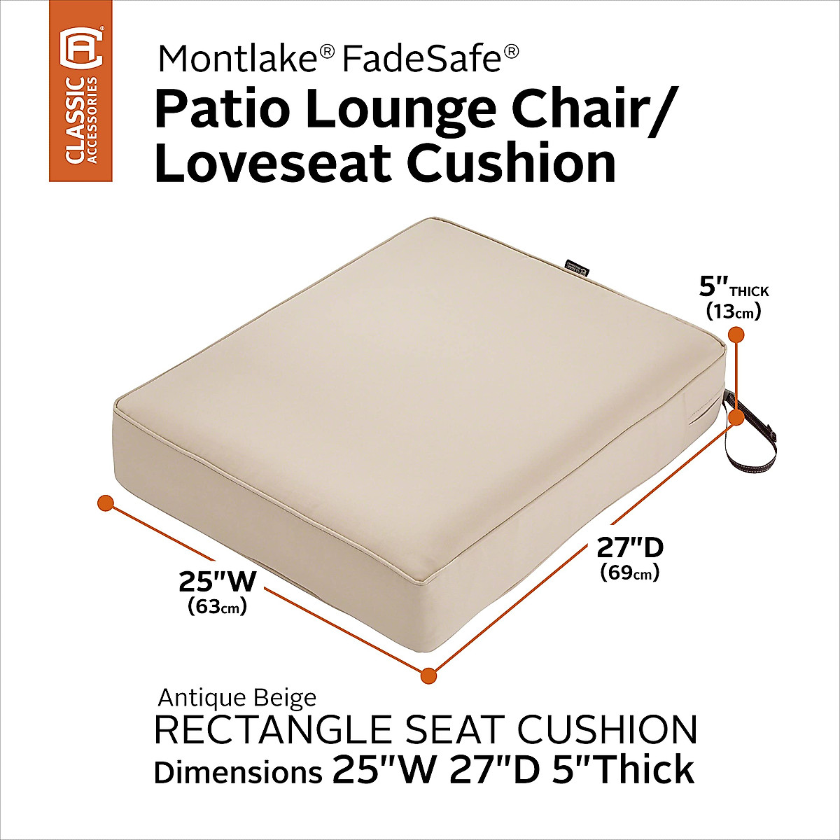 Classic Accessories Montlake Water-Resistant 25 x 27 x 5 Inch Rectangle Outdoor Seat Cushion, Patio Furniture Chair Cushion, Antique Beige, Outdoor Cushion Cover