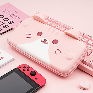 GeekShare Cat Ears Carry Case Compatible with Nintendo Switch/Switch OLED - Portable Hardshell Slim Travel Carrying Case fit Switch Console & Game Accessories (Pink, Small)