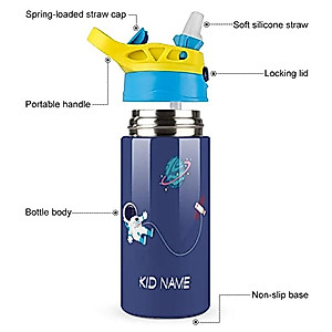 Mrokouay Custom Planet Astronaut Kids Water Bottle with Straw Lid Personalized Add Your Text Stainless Steel Sports Water Bottles Customized Reusable Leak-Proof Toddlers Cup for School, Travel