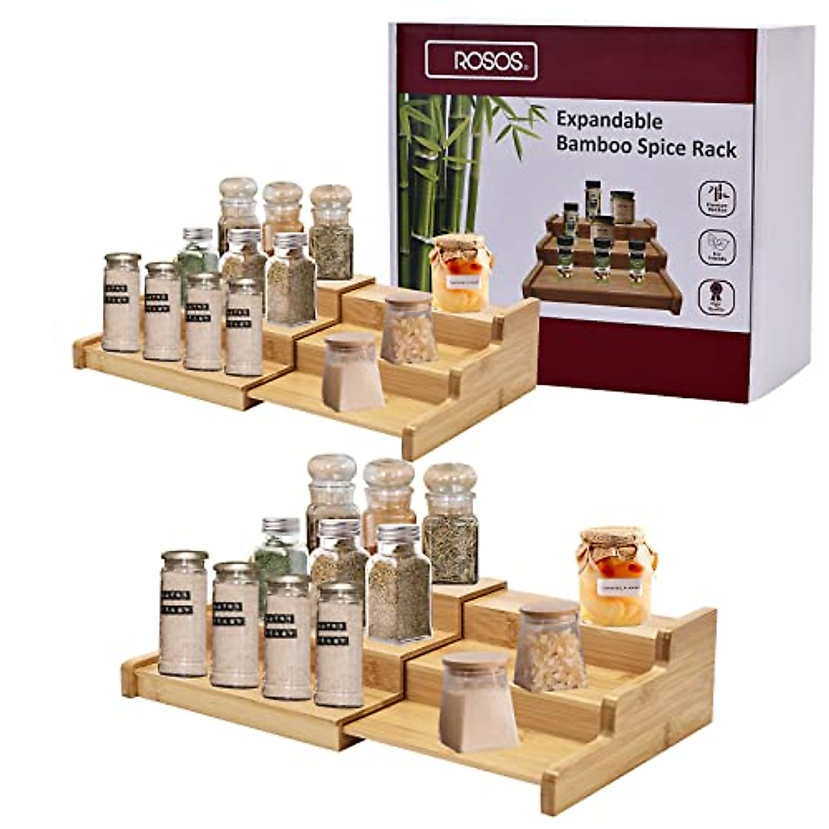 ROSOS Spice Rack Organizer for Cabinet 2 Pack, Bamboo Spice Rack Organizer for Countertop Expandable from 8.7-15inch, 3-Tier Durable Spice Organizer for Cabinet, Natural