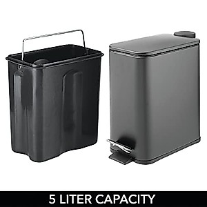 mDesign Slim Metal Rectangle 1.3 Gallon Trash Can with Step Pedal, Easy-Close Lid, Removable Liner - Narrow Wastebasket Garbage Container Bin for Bathroom, Bedroom, Kitchen, Office - Charcoal Gray