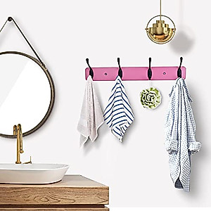 Wall Mounted Coat Rack Ethuh Rustic Wall Hook Solid Wood Hat Hanger Entryway Hanging Coat Rack4 Silver Metal for Entryway, only 1screws to Hold The Hooks Rack (Pink Black)