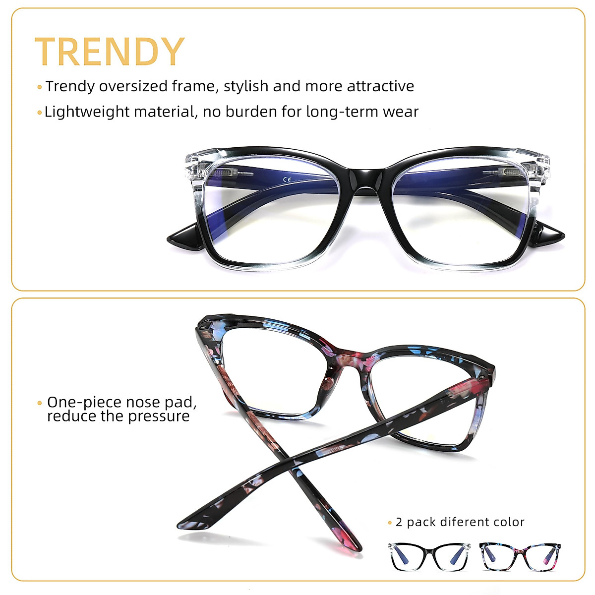 Areyeth 2 Pair Oversized Square Trendy Reading Glasses for Women, Blue Light Blocking Computer Readers with Flexible Spring Hinge(Multicolor + Black, 3.0)