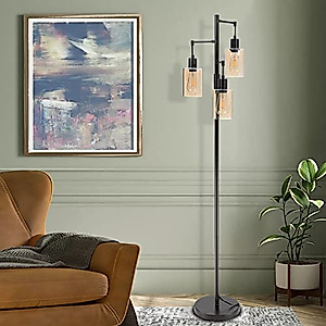 Liylan Farmhouse Floor Lamps Dimmable for Living Room, Oil Rubbed Bronze Tree Standing lamp , 3 Lights Tall Pole Lighting with Amber Glass Shade