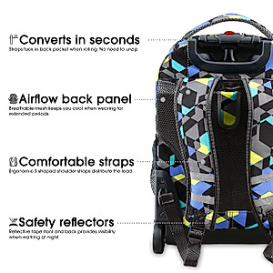 J World New York Sunrise Kids Rolling Backpack for Girls Boys Teen. Roller Bookbag with Wheels, Cubes, 18"