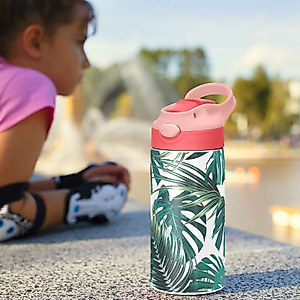 Tropical Palm Leaves Kids Water Bottle, Vacuum Insulated Stainless Steel, Double Walled Leakproof Tumbler Travel Cup for Girls Boys Toddlers, 12 oz