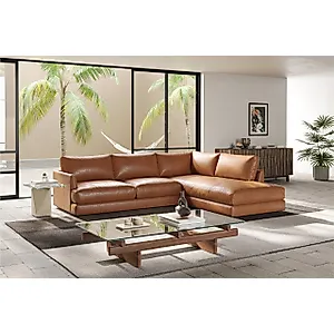 Valencia Serena 108" Cognac Tan Brown Full Leather Sectional Sofa with Right Chaise | Nappa 11000 Leather, Modern Low Profile Lounge Sofa | L Shaped Couch for Living Room Furniture