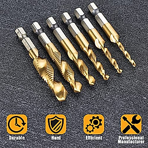 Titanium Combination Tap Drill Bit Set Metric Screw Tapping 6PCS, Hex Shank Drill Bits for Drilling for Light Metal Aluminum Board Iron
