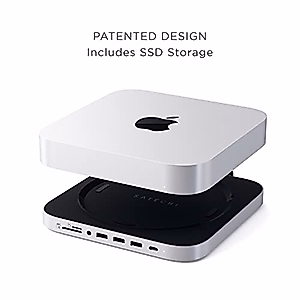 SATECHI Mac Mini Hub & Type-C Stand with SSD Enclosure – Mac Mini Stand - Fits M.2 SATA SSD, USB-C Data Port, Micro/SD Card Readers, USB-A, Headphone Jack Port – for Mac Studio, Mac Mini M1 (Silver)