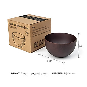 Naturoom Handmade Wooden Cereal Bowls, Set of 2, Zen Style Rice & Miso Soup Bowls, Small Salad bowl, Perfect For Snack, Nuts, Candy, Fruit and noddle, 5'' Diam x 3'' High Craft Decorative Bowl