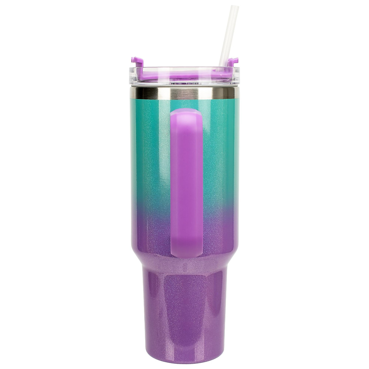 Elanze Designs Pooh Classic Bear Braver Stronger Smarter 40 oz. Stainless Steel, Large Water Bottle Coffee Mug, Spill & Leak Resistant, Thermal Travel Tumbler with Handle, Lid & Straw, Teal/Purple