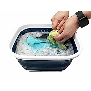 SAMMART 5.5L (1.4 Gallons) Set of 2 Collapsible Tub - Foldable Dish Tub - Portable Washing Basin - Space Saving Plastic Washtub (White/Indigo)