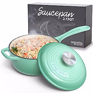 Small Sauce Pan with Lid, 2.13 QT Verde Chiaro (Light Green) Sauce Pot, Small Pot with Stay Cool Helper Handle and Tight-Fitting Lid-Segretto Cookware