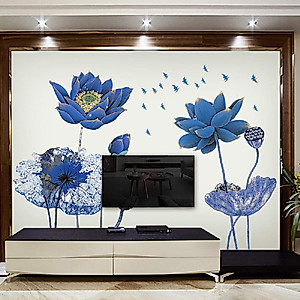 Creative Gaint Cartoon Blue Lotus Wall Stickers Removable DIY Flowers Nursery Decor Wall Decals 3D Floral Peel and Stick Art for Home Walls Girls Bedroom Living Room Classroom Bathroom