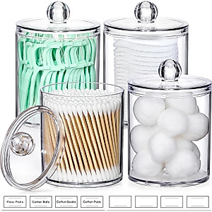 4 PACK Qtip Holder Dispenser for Cotton Ball, Cotton Swab, Cotton Round Pads, Floss Picks - 10 oz Clear Plastic Apothecary Jar Set for Bathroom Canister Storage Organization, Vanity Makeup Organizer