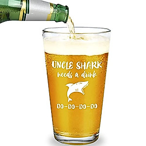 Funny Uncle Beer Glass 15Oz - Uncle Shark Beer Pint Glass, Beer Pint Glass for Uncle, New Uncle, Unique Gifts for Christmas, Birthday, Fathers Day, Thanksgiving, White Elephant from Nephew, Niece