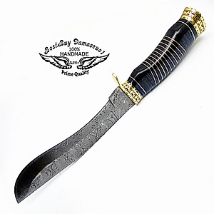 Best.Buy.Damascus1 Blue Wood 13" Fixed Blade Custom Handmade Damascus Steel Kukri Hunting Knife Double Brass Bolster Spacers Unique Beautiful File Work On Handel Come With Leather Sheath