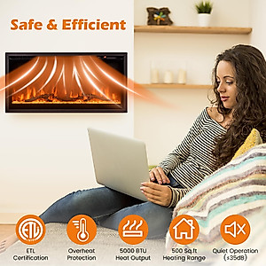 COSTWAY Electric Fireplace 36-Inch Wide, 9 Flame Color, 5-Level Brightness, 8H Timer, Thermostat, Wall-Mounted Freestanding and Recessed Linear Fireplace Heater with Crystal Decor and Log, 750W/1500W