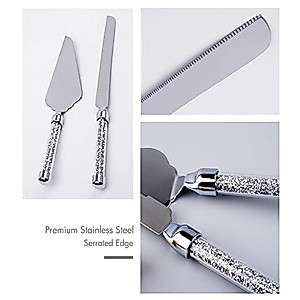 Wedding Cake Knife and Server Set, Crystal Champagne Flutes Glasses Engraved Mr & Mrs, Cake Cutting Set for Wedding, Bride and Groom Toasting Champagne Flutes, Anniversary Engagement Gifts for Couple