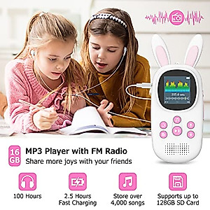 16GB Music MP3 Player for Kids, Cute Bunny Kids Music MP3 Player with Bluetooth, MP3 & MP4 Players with Speaker, MP3 Player with FM Radio, Recordings, Alarm, Pedometer, Stopwatch, Support up to 128GB.